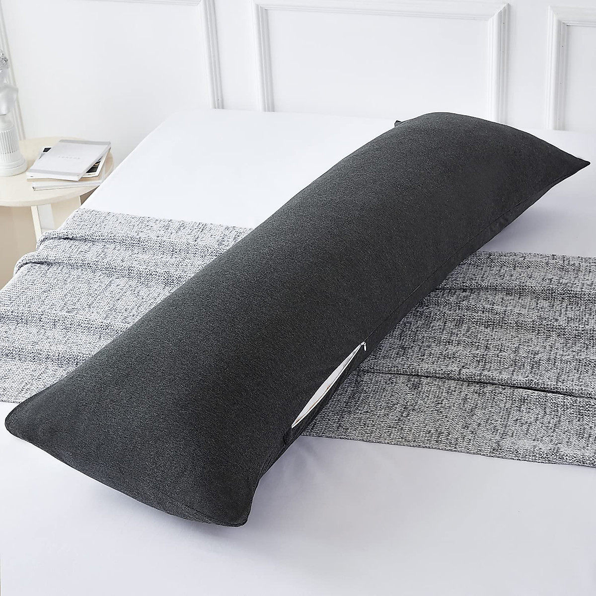 Body Pillow Cover with Zipper, Soft Body Pillow Pillowcase, Long Pillow Case Cover Breathable Jersey Cotton, 20x54 Inch, Dark Grey