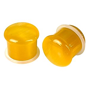 Pair of Yellow Cat Eye Stone Single Flare Plugs (STN-723) (9/16" (14mm))