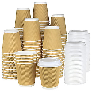 NYHI 100 8 oz Ripple Kraft Paper Cups Brown Hot Cold with Lids 3 Layer Rippled Small Insulated Disposable Coffee Cups for Cappuccino Hot Cocoa or Iced Drinks