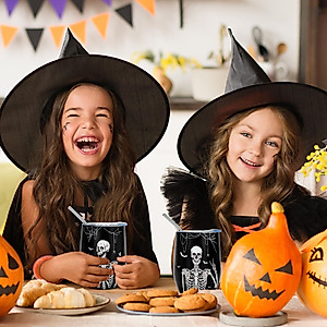 Whaline Halloween Stainless Steel Wine Tumbler with Straw and Lid Black White Skull Bat Coffee Mug Skeleton Insulated Wine Tumbler for Hot and Cold Drinks Gift