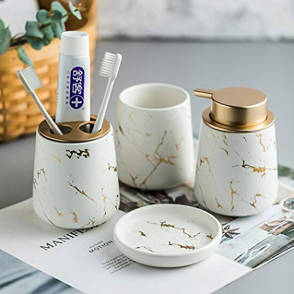Bathroom Accessories Set Complete, 3 or 4 Ceramic Marble Pattern Bathroom Sets Accessories Bath Accessories Set with Soap Dispenser, Toothbrush Holder, Tumbler, Soap Dish (Matte White（Four Piece）)