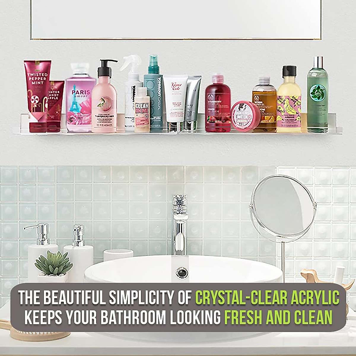 Pretty Display Invisible' Bathroom Shelf Wall Mounted [2 Pack] 15 inch Clear Acrylic Shelves Extra Strong & Easy to Wall Mount