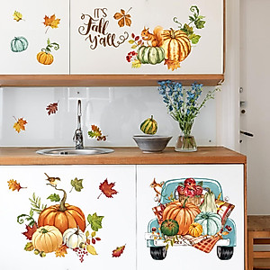 wondever Fall Thanksgiving Pumpkin Wall Stickers Autumn Leaves Truck Peel and Stick Wall Art Decals for Kitchen Dining Room Bedroom