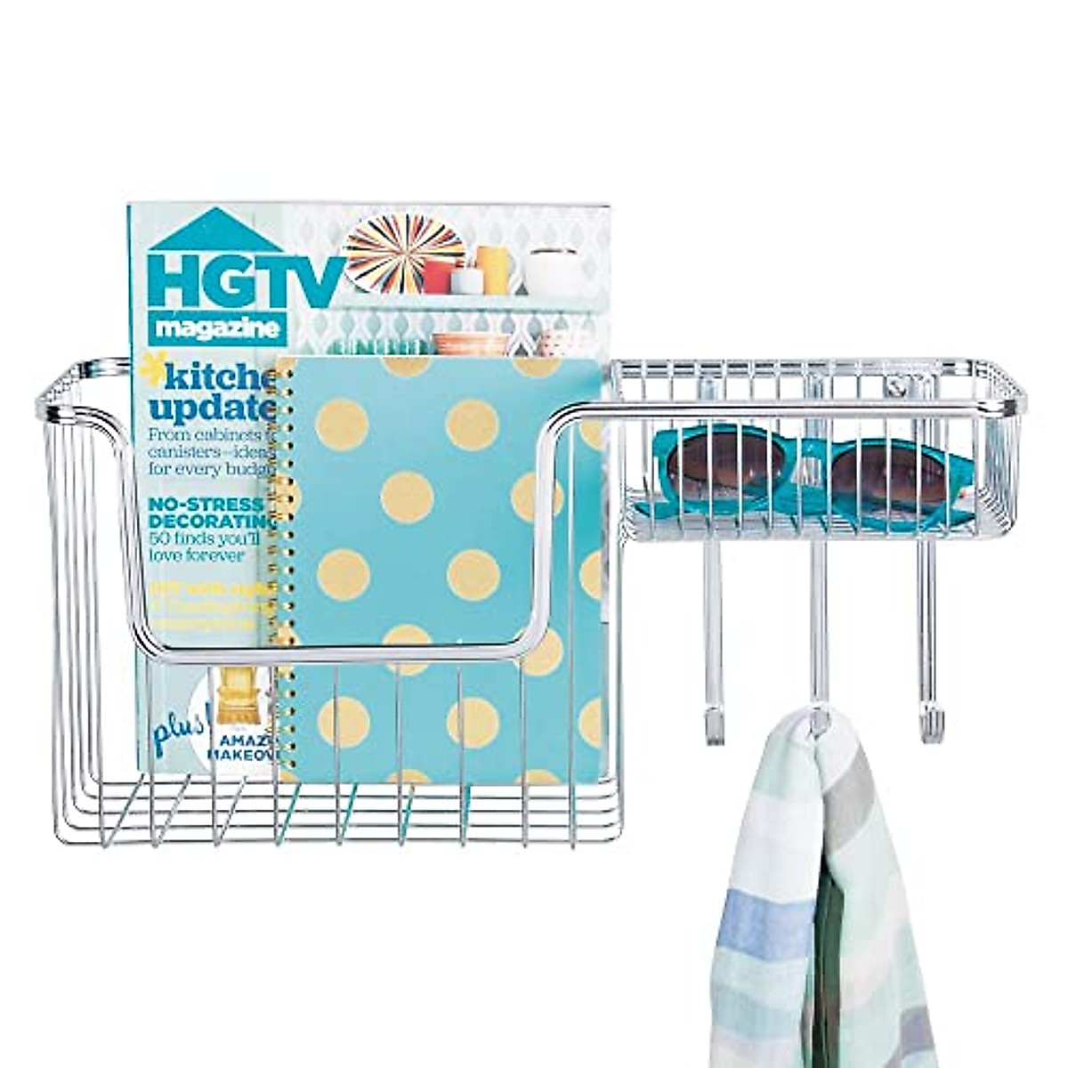 mDesign Metal Wire Wall Mount Entryway Storage Organizer Mail Basket Holder with 3 Hooks, 2 Compartments - for Organizing Letters, Magazines, Keys, Coats, Leashes - Chrome