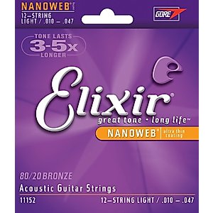 Elixir Strings Nanoweb 80/20 Acoustic Guitar Strings .010-.047 Light 12-String