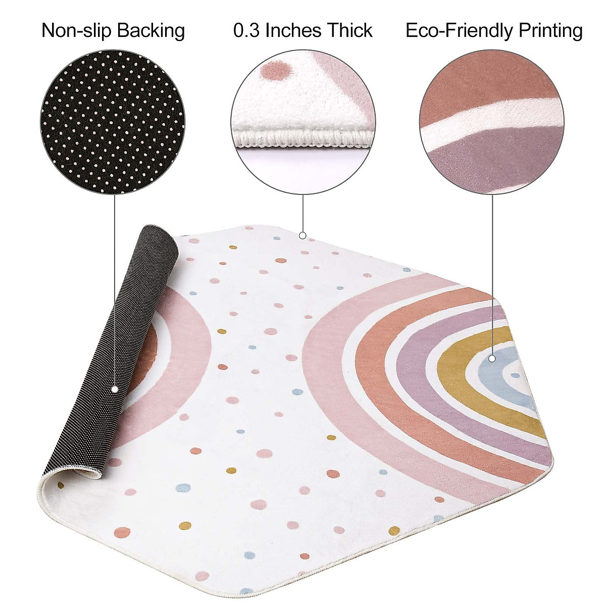 STARUIA Rainbow Kids Rug Play Carpet 55"x47" for Bedroom, Hexagon Washable Rug for Playroom Tent Castle, Non-Slip Nursery Rug Soft Play Mat for Children Playpen Classroom Dorm