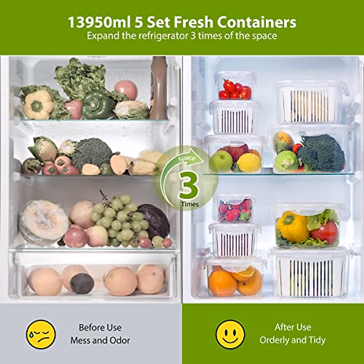 LUXEAR Fruit Vegetable Produce Storage Saver Containers with Lid & Colander 5 Packs BPA-Free Plastic Fresh Keeper Set | Refrigerator Fridge Organizer | for Salad Berry Lettuce Food Meat Fish Celery