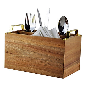 Spiretro Flatware Caddy - Silverware Utensil Holder - Condiment Organizer for Kitchen, Dining, Entertaining, Picnics - 4 Compartments - Solid Acacia Wood with Golden Metal Handle - Brown