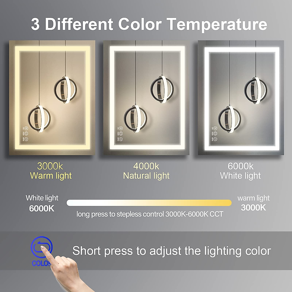 TATU LED Bathroom Mirror,36x28 Inch Bathroom Vanity Mirror Wall Mounted with 3000K-6000K Adjustable, Anti-Fog, Smart Touch Button, Stepless Dimmable Lighted Makeup Mirror, Horizontal/Vertical