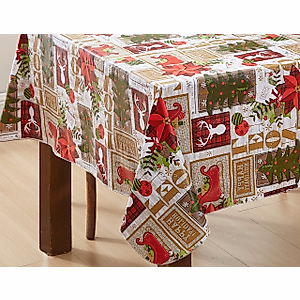 Newbridge Ivory Sleigh Bells Ring Country Rustic Vinyl Flannel Back Vinyl Christmas Tablecloth, Moose Antlers, Sleighs and Festive Xmas Wipe Clean Tablecloth, 60 Inch x 84 Inch Oblong/Rectangle