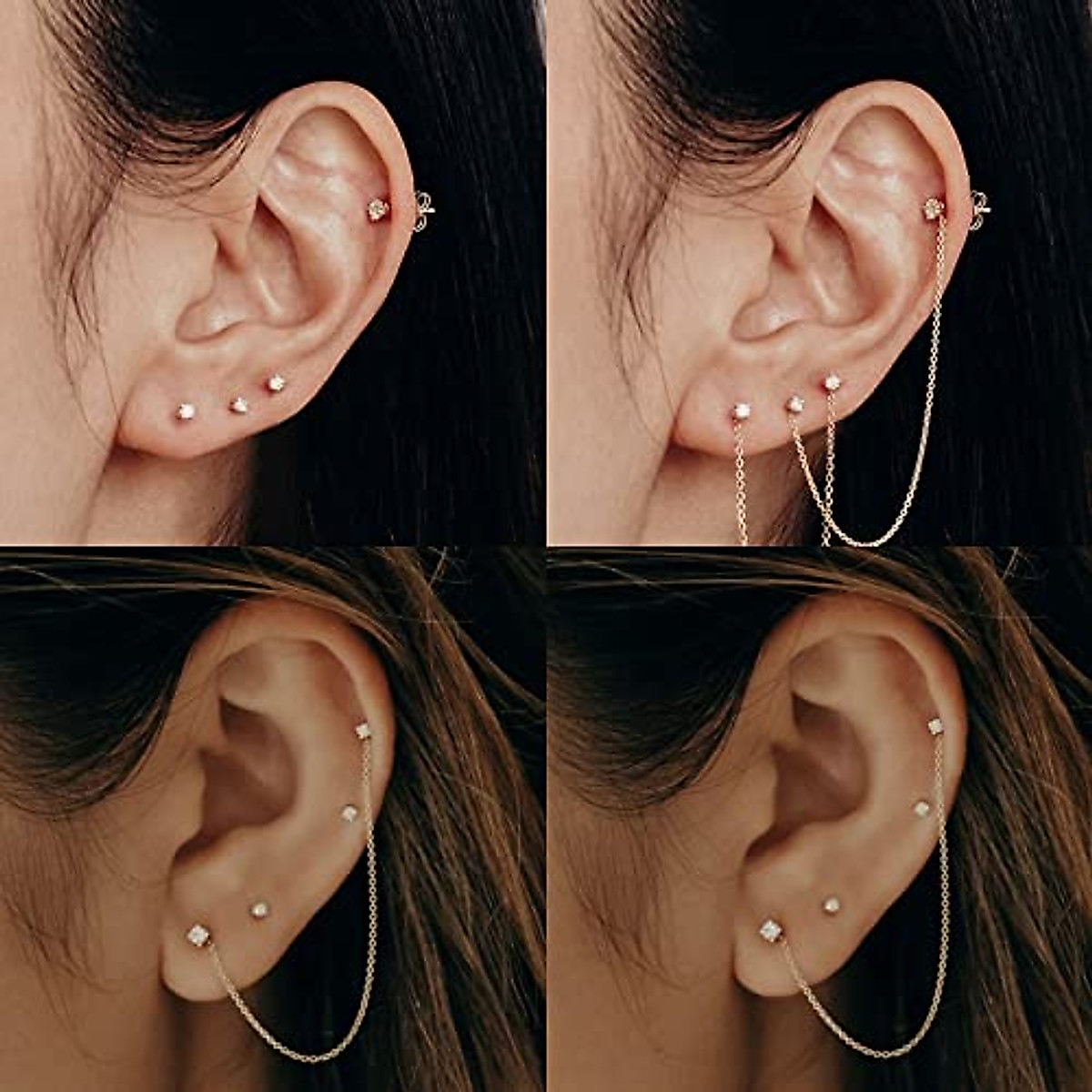 BRAYEG Gold Chain Earrings Double Piercing 3mm Cubic Zirconia 7cm Long Chain Double Stud Earrings Hypoallergenic Jewelry Gift for Women