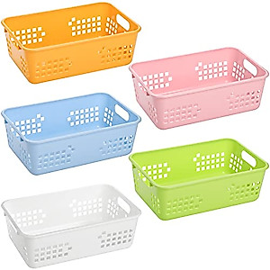Jucoan 10 Pack Plastic Storage Basket, 10.5 x 7 x 3.5 Inch Colorful Plastic Classroom Storage Organizer Tray Bin with Handles for Drawer, Closet, Bathroom Kitchen, 5 Colors