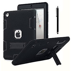 AICase Heavy Duty Rubber Hybrid iPad Case, Shockproof Protective Cover for iPad 2/3/4, Includes Stylus & Screen Protector (Black)