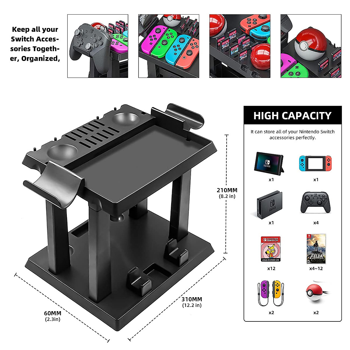 ANNMETER Switch Game Station Organizer with Controller Charger, Charging Dock for Switch, Joycons, Pokeballs, Pro Controller, Accessories Kit Storage