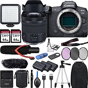 R5 with RF 24-105mm f/4-7.1 is STM Lens Mirrorless Digital Camera Bundle with V30 Shotgun Microphone, LED Light, 2xExtra Battery and Accessories(Backpack, 50" Tripod, 128Gb Memory and More)