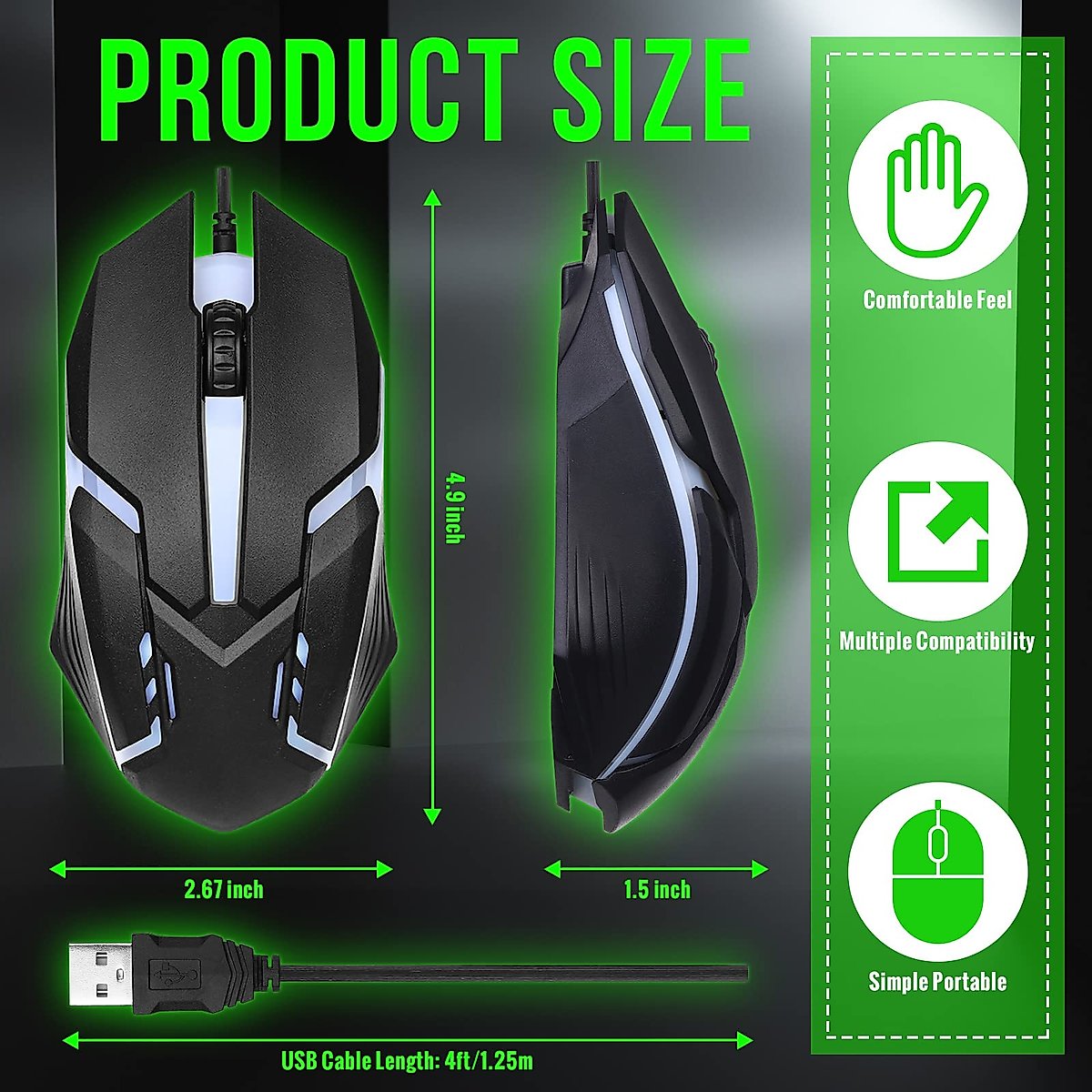 Sratte 30 Pack Black USB Wired Mouse Bulk 1200 DPI RGB Optical Computer Mouse 3 Button 7 Color LED Backlit Wired Ergonomic USB for Gaming Office Desktop Laptop Gamer Computer