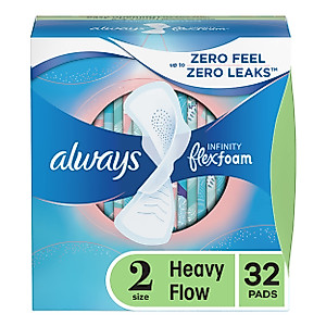 Always Infinity Feminine Pads for Women, Size 2 Heavy Flow Absorbency,with Flexfoam, with Wings, Unscented, 32 Count