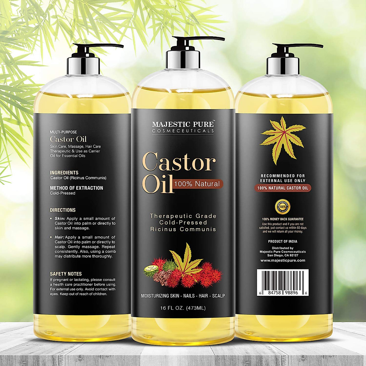 Majestic Pure Castor Oil | 100% Natural | Premium Grade Cold Pressed | Hair, Eyelashes, Eyebrows, Nails | Moisturizing & Nourishing | Body, Hair & Carrier Oil | 16 Fl Oz