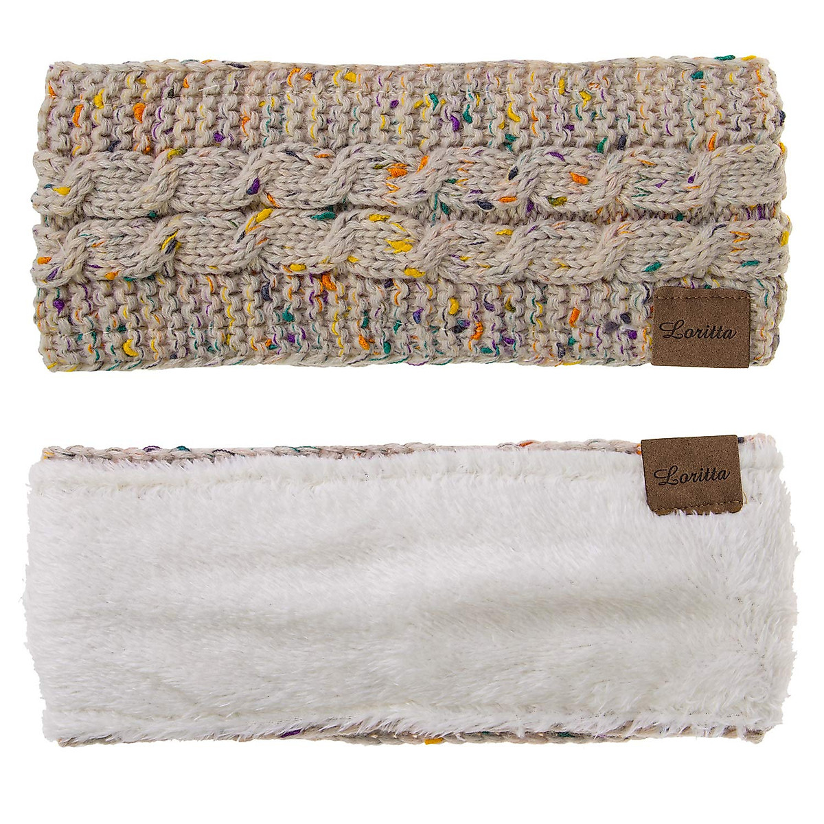 Loritta Womens Ear Warmers Headbands Winter Warm Fuzzy Cable Knit Head Wrap Fleece Lined Gifts,Beige