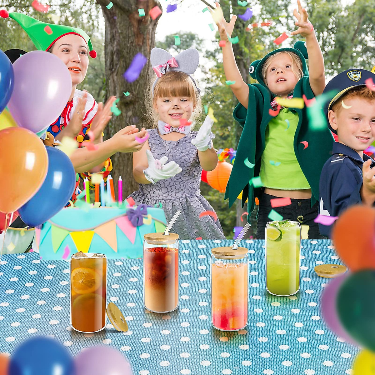 Dyserbuy Glass Cups with Bamboo Lids and Glass Straw 6pcs Set, 16oz Drinking Glasses, Beer Iced Coffee Glasses, Tumbler Cup, Ideal for Smoothie, Boba Tea, Whiskey, Water