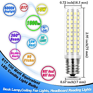 Heifymi E17 LED Light Bulb 10 Watt Equivalent 100W 6000K Daylight White 1000lm 120V E17 Intermediate Base LED Bulb for Desk Lamp,Ceiling Fan Lights, Headboard Reading Lights, Non-Dimmable, 3 Pack