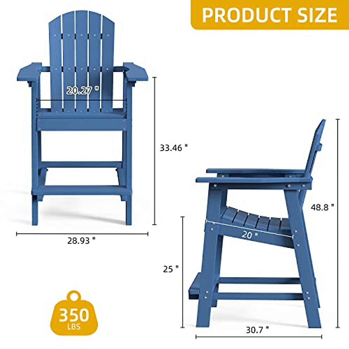 DWVO 25" Tall Adirondack Chair, Poly Bar Height Balcony Chairs, Weather Resistant Outdoor Barstool Lifeguard Chair for Deck Pool Patio and Porch, Navy Blue