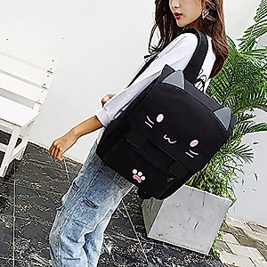 Black/Pink College Preppy Backpack Cute Cat Embroidery Canvas School Backpack Bags for Kids Lightweight Travel Kitty Rucksack