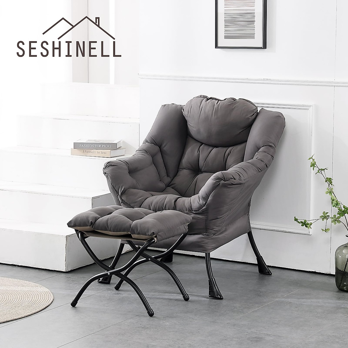 SESHINELL Lazy Chair with Ottoman, Modern Accent Chair Contemporary Lounge Leisure Sofa Chair with Armrests, Reading Chair and Folding Footstool Set for Living Room, Bedroom, Office, Dark Grey