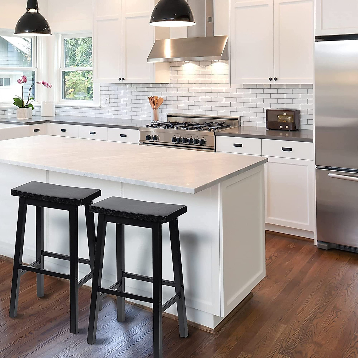 PJ Wood 24 Inch Single A Frame Classic and Modern Comfortable Wooden Bar Stool Saddle Seat with Built in Bars as Footrests, Black