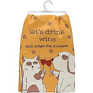Primitives by Kathy Cotton Dish Towel Set - Cat and Dog Design, Kitchen/Bathroom Decor, Tea Towels, 28"x28", Yellow,Black, Brown, Cream, Red, Small