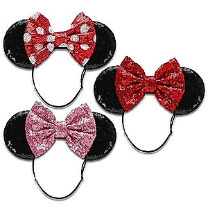 SAMARKAND Shiny Sequin Minnie Bow Headbands - Elastic, Adjustable, and Headache-Free - Glitter Mouse Ears for Girls and Women (Classic)