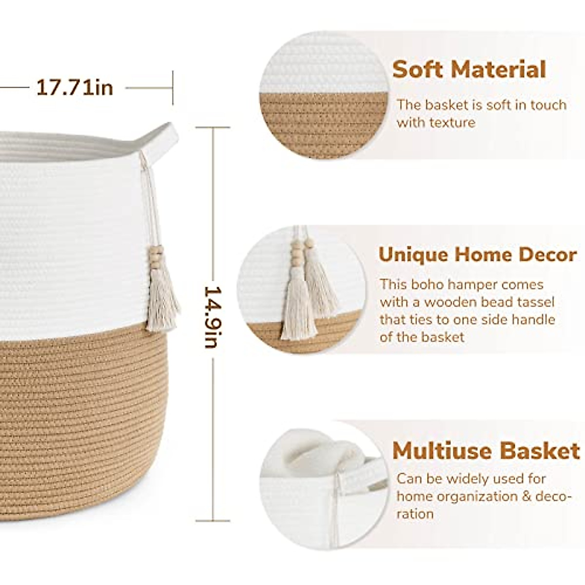 Goodpick Woven Rope Storage Basket for Organizing, Boho Decorative Laundry Basket for Living Room, Round Basket for Towels, Toys, Blankets, Baby Gift Basket, 17.71 x 14.9 inches