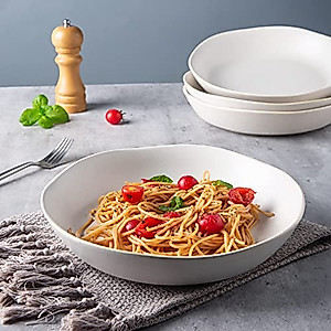AmorArc 9.75 inch Stoneware Flat Pasta Bowls, 38oz Large Wide Bowls Set of 4 for Kitchen, Microwave Safe Bowls with Wavy Rim for Pasta Salad, Matte White