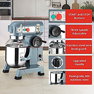 Commercial Food Mixer - 10Qt,450W, 3 Speeds, Stainless Steel Bowl, Dough Hooks, Whisk Beater - Perfect for Bakeries, Restaurants, Pizzerias, and Kitchens - Heavy Duty with Safety Guard