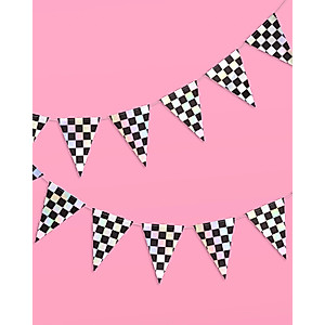 xo, Fetti Checkered Black and Iridescent Party Decorations Flag Banner - Set of 4, 32 Ft | Bachelorette Party Disco Garland, Monster Truck Birthday Party Supplies, Racecar Kids Decor
