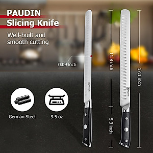 PAUDIN 12 Inch Carving Knife, Premium Slicing Knife with Granton Blade for Cutting Smoked Brisket, BBQ Meat, Turkey - Ergonomic G10 Handle