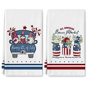 AnyDesign 4th of July Kitchen Dish Towel 18 x 28 Patriotic Gnome Truck Dishcloth Red Blue Star Flower American Flag Cloth Tea Towel Decorative Hand Towel for Bathroom Cooking Baking, 2Pcs