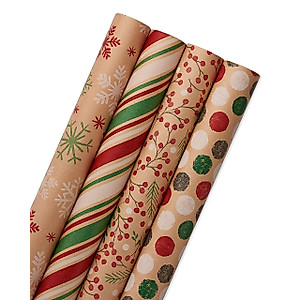 American Greetings Winter Wrapping Paper, Red, Green and Kraft (4 Pack, 80 sq. ft.)