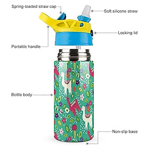 Kids Water Bottle with Straw Lid Cute Llama with Flower Cactus Ladybug Print 12 Oz/350 Ml Stainless Steel Reusable Thermos Bottles