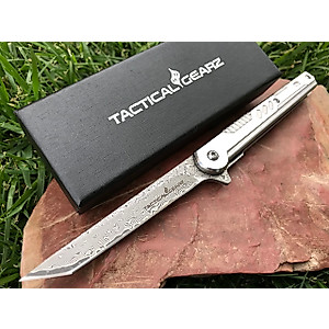 TACTICAL GEARZ Damascus Pocket Knife for EDC! Stainless Steel Handle! 67 Multi Layered Damascus Steel Tanto Blade! Includes Sheath! (Kraz XT)