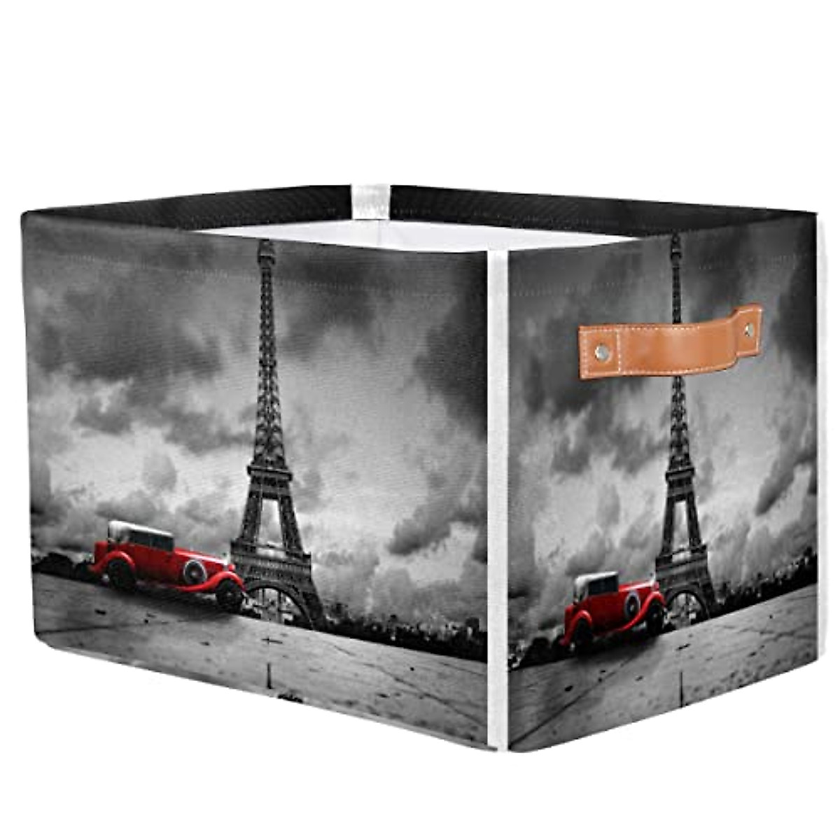 Large Collapsible Storage Bins ,Paris Eiffel Tower Car Decorative Canvas Fabric Storage Boxes Organizer with Handles，Rectangular Baskets Bin for Home Shelves Closet Nursery Gifts