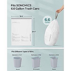 SONGMICS Small Trash Bags for 6.6 Gallon Trash Cans, Drawstring Garbage Bags, Liner Code 025A, 3 Rolls, 120 Count, White UKRB025A03