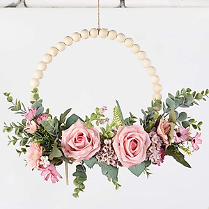 Artificial Flower Wreath,Wood Beads Rose Wreath, Indoor/Outdoor Farmhouse Wreaths for Front Door Decor