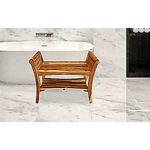 EcoDecors Symmetry Shower Bench Natural Teak Wood Shower Bench with Shelf and LiftAide Arms 30" Long Wood Shower Stool in EarthyTeak Finish for Indoors and Outdoors