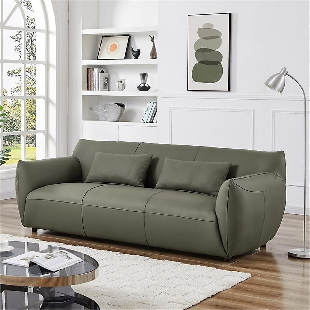 Ashcroft Furniture Co Prairie Upholstered Mid-Century Leather Sofa in Olive Green