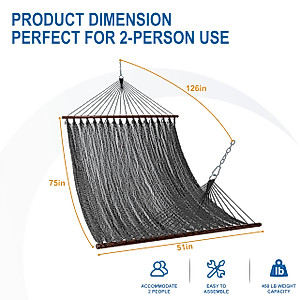 Lazy Daze Hammocks 10.5 FT Double 2 Person Caribbean Rope Hammock, Hand Woven Polyester Hammock with Spreader Bars, Extra Large Outside Outdoor Backyard Patio Poolside Hammock, 450 LBS Capacity, Gray