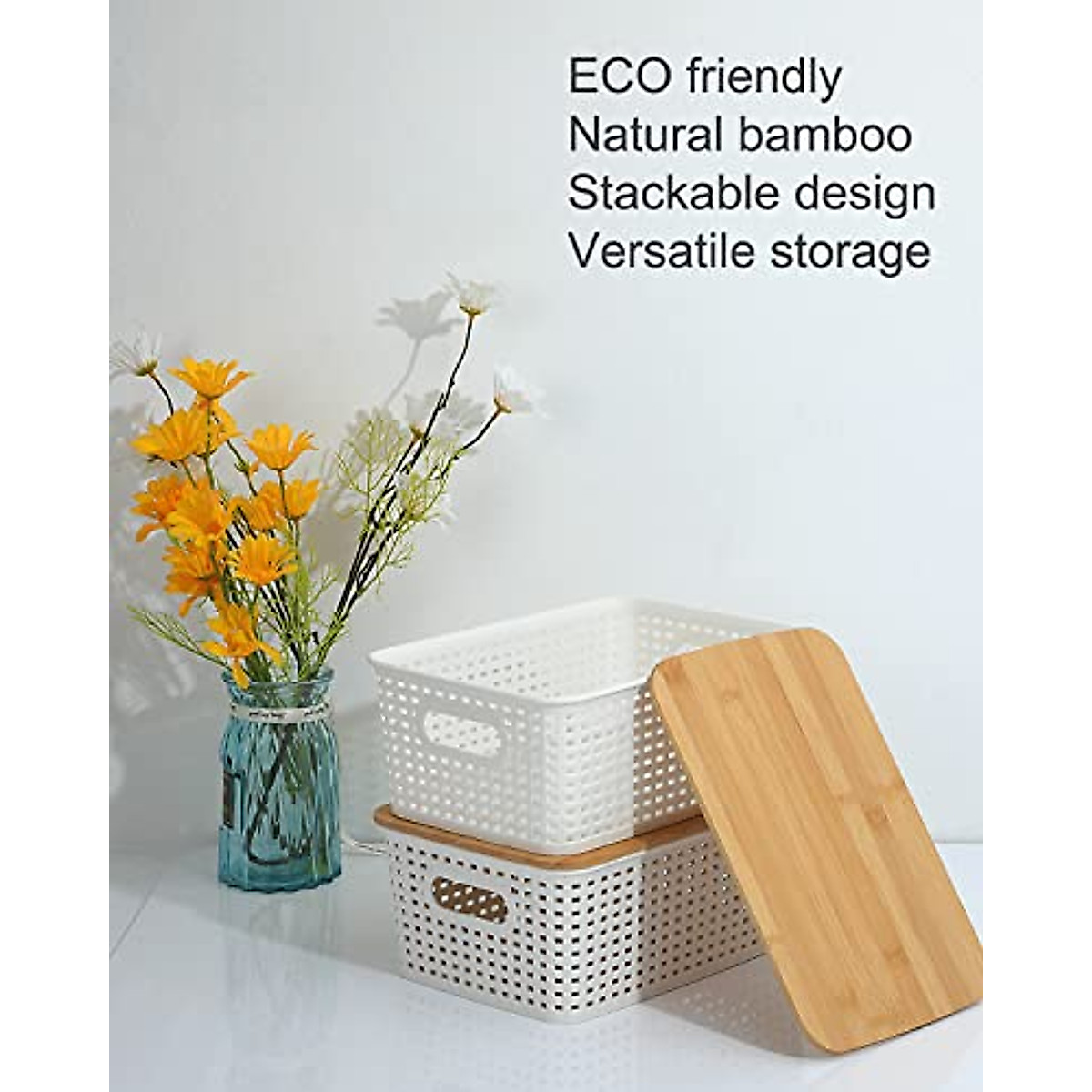 EOENVIVS Plastic Storage Baskets With Bamboo Lid Pantry Organization and Storage Containers Lidded Organizer Bins Small Baskets for Shelves Drawers Desktop Closet Playroom Classroom Office, 3 Pack