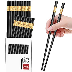 10 Pairs Reusable Chopsticks Dishwasher Safe,9.5 Inch Fiberglass Chopsticks Set, Japanese Chinese Korean Chopsticks for Food, Non-Slip, Easy to Use (Black Chopsticks)