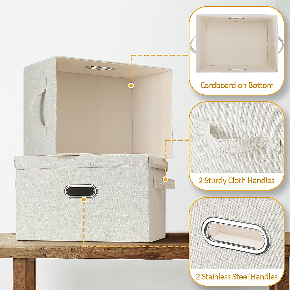 Bellzacasa Collapsible Storage Bins with Lids, 3 Pack Linen Fabric Foldable Storage Bin Cube with Handles, Storage Baskets Box Closet Organizers and Storage Containers, Beige, 14.6x10.5x8.5