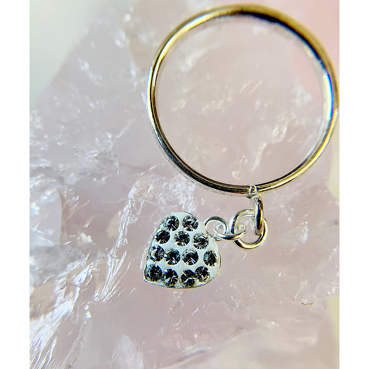 Heart Charm Ring, Dainty Clear Crystal Pave Charm Ring, Textured Band, Smooth Band, Sterling Silver Ring, Stackable Ring, Custom Size 5 6 7 8. Jewelry Inspirations